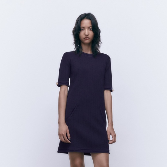Zara | Dresses | Zara Knit Navy Blue Mini Dress With Gold Buttons ...